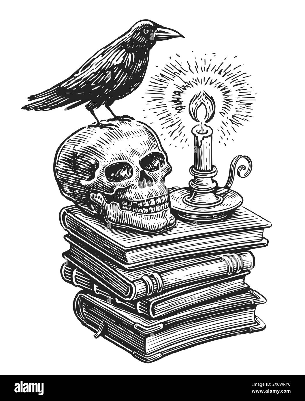 Raven bird perched on skull, candle and stack of books. Hand drawn ...