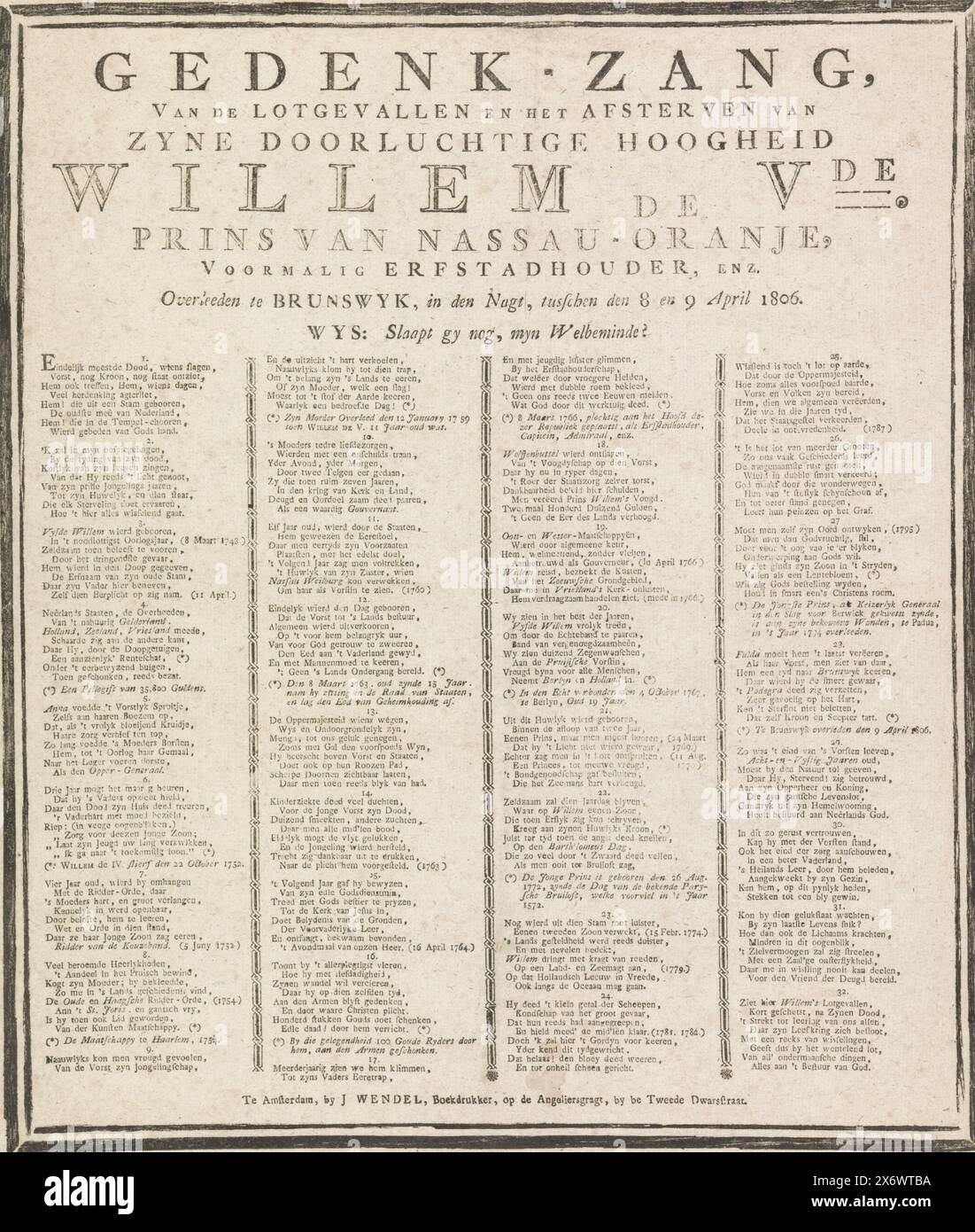 Mourning on the death of William V, 1806, Memorial singing of the Fate ...