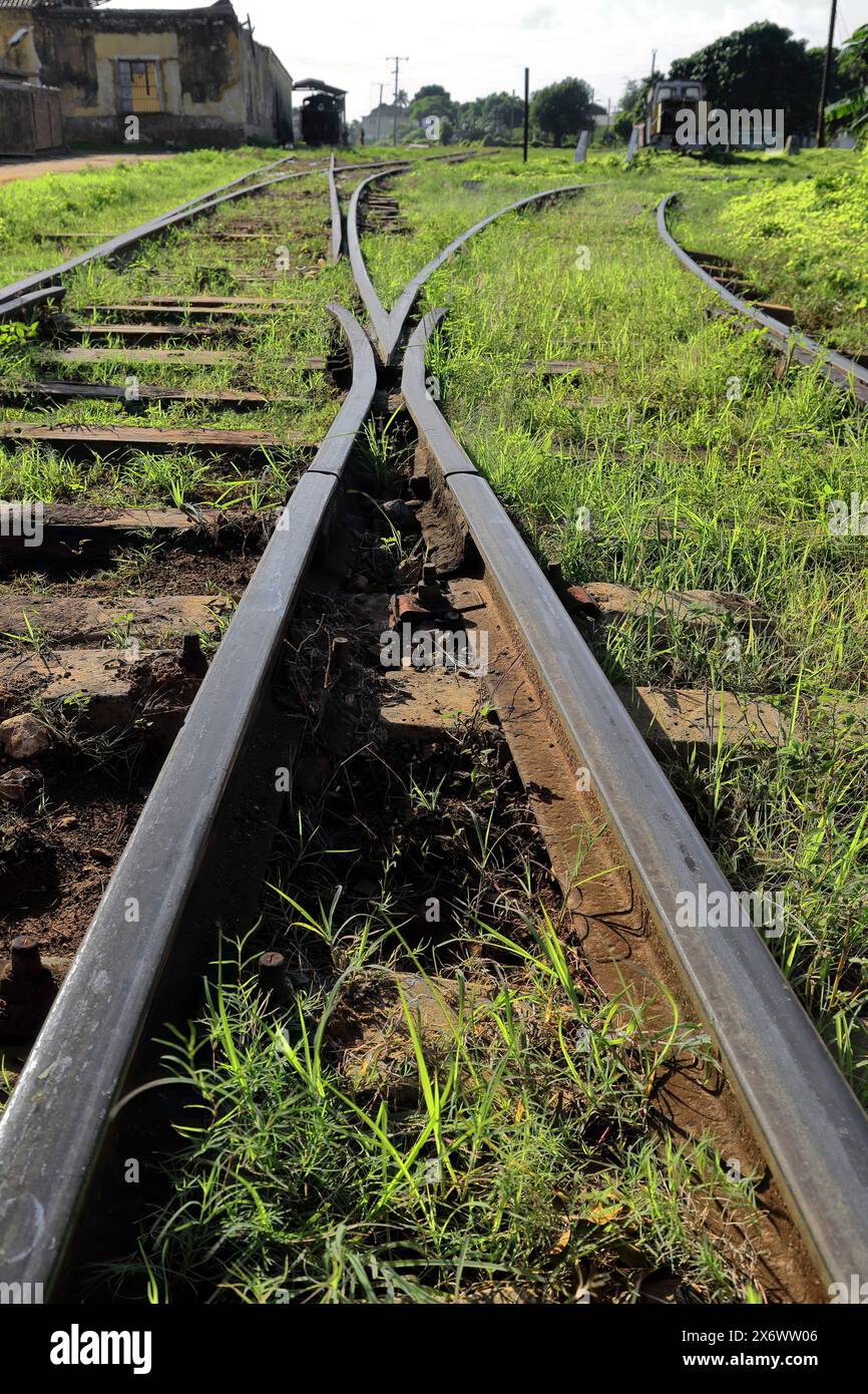 293 Three railroad tracks intertwining on a turnout at the main station, beginning of the siding ...