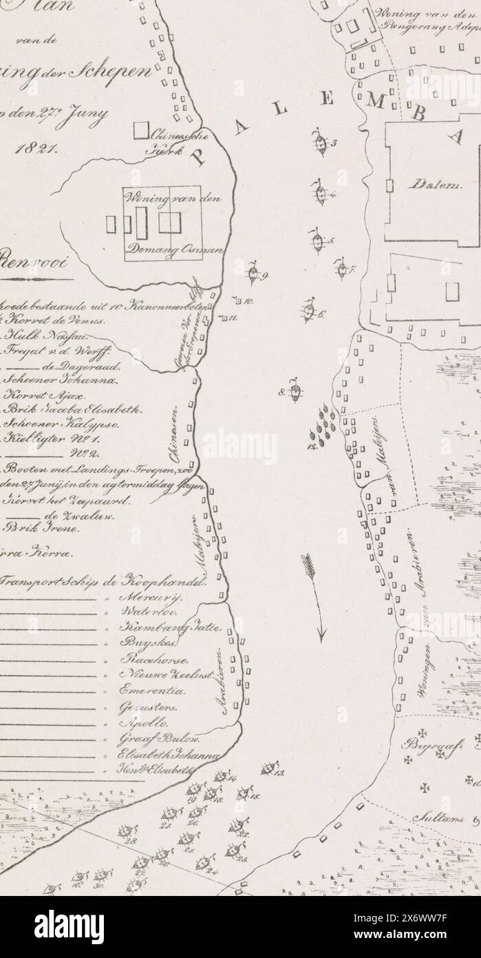 Map of the river at Palembang, 1821, Plan of the Location of the Ships ...