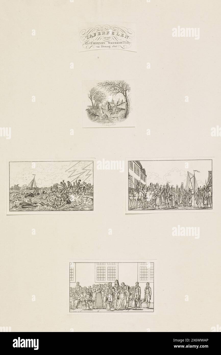 Sheet with four scenes of the flood of 1825, Scenes from the general ...