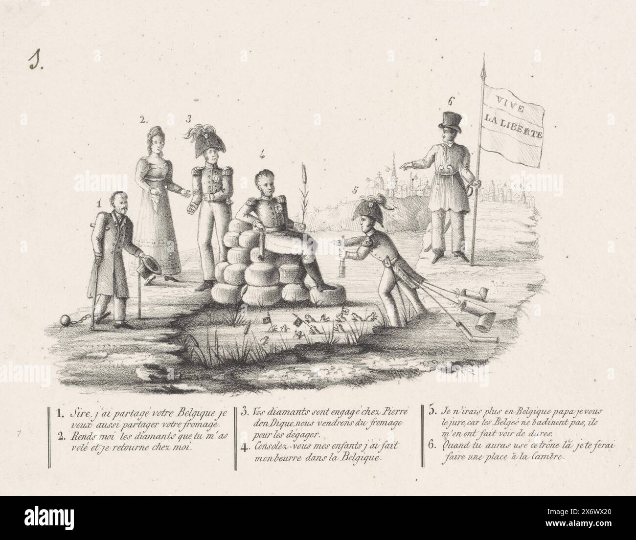 King Willem I on a throne of cheese, 1830, Cartoon of King Willem I and ...