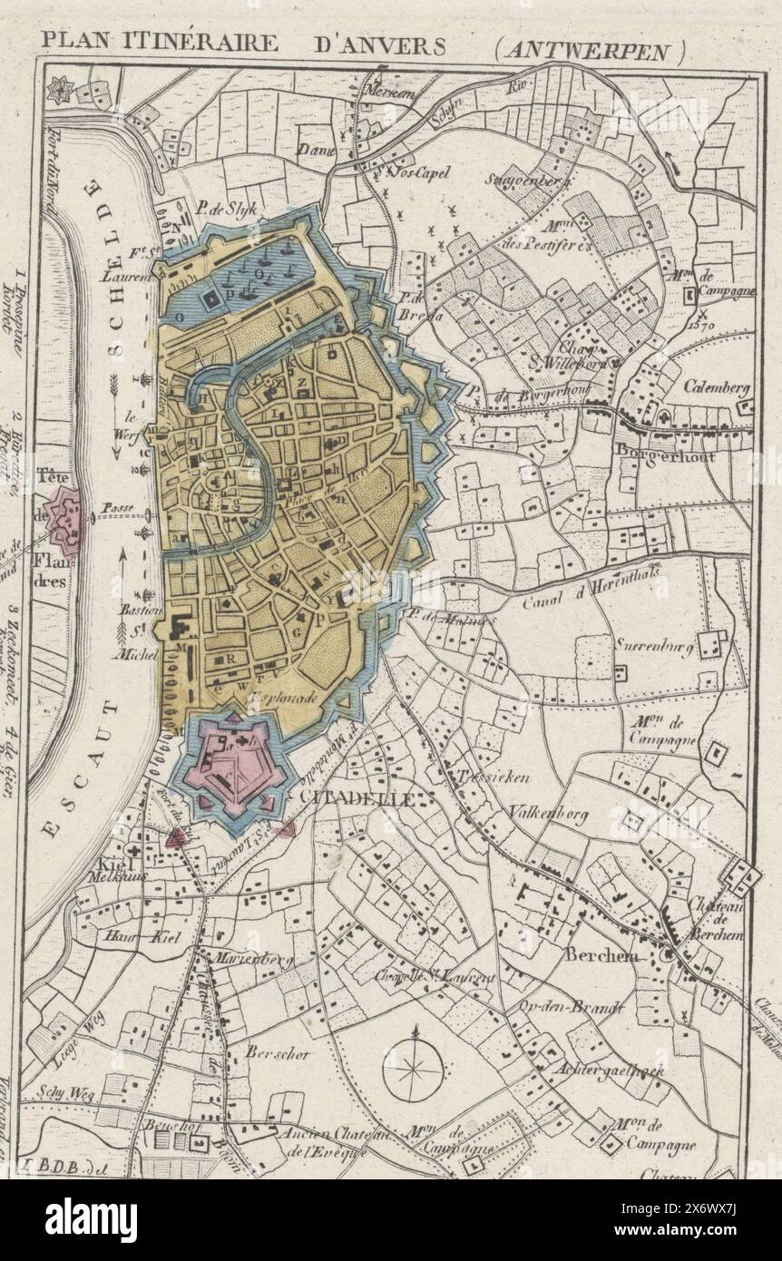 Map of Antwerp and the Citadel, 1830, Plan Itinéraire d'Anvers (Antwerp ...