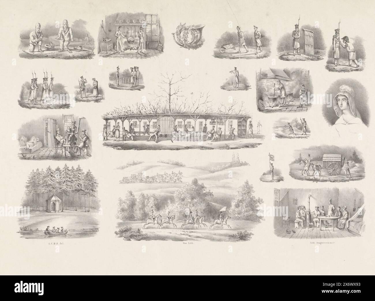 Scenes from cantonment life, 1830-1831, Sheet with twenty small scenes ...