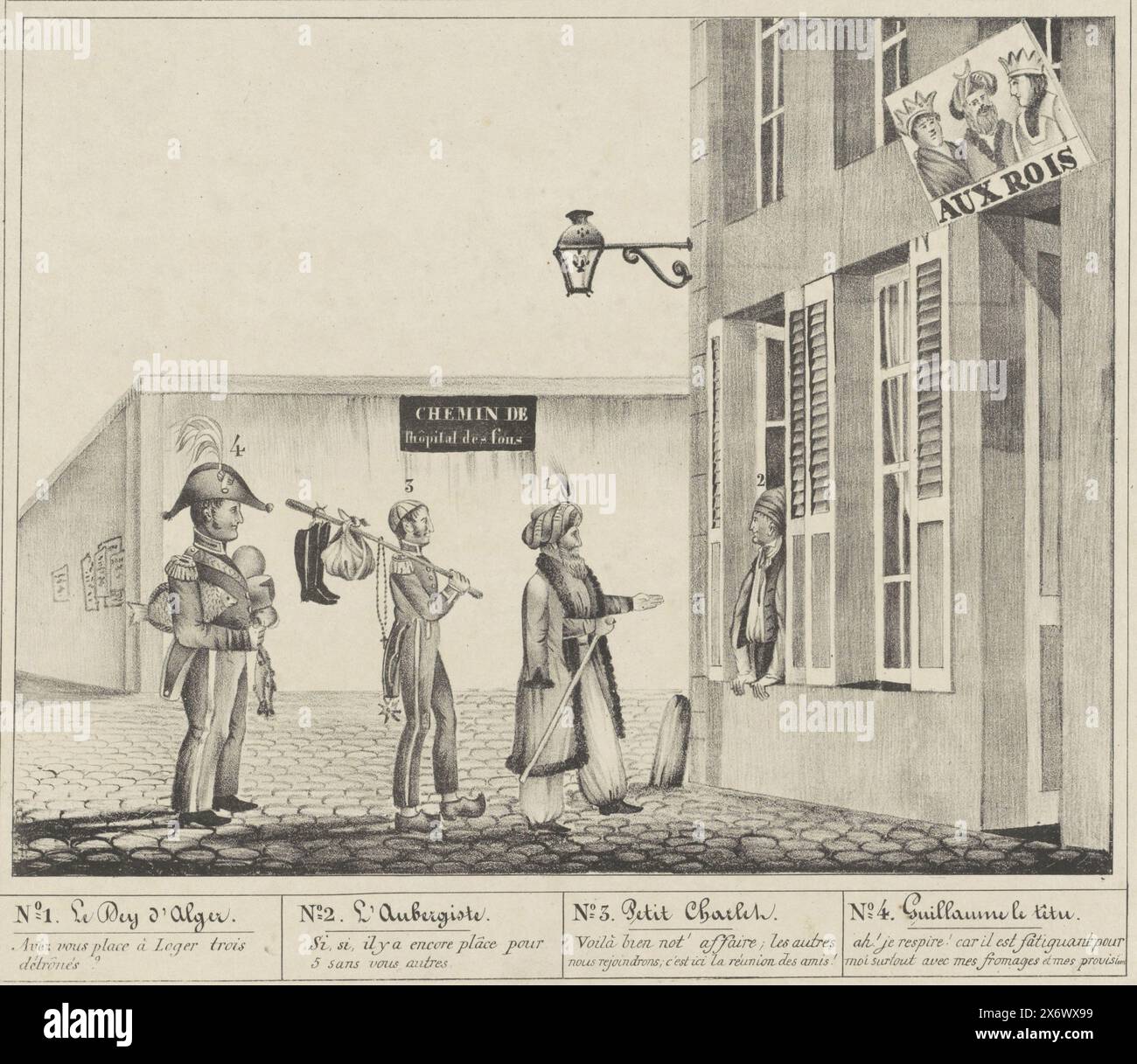 Looking for accommodation in the Three Kings' inn, 1830, Cartoon on the ...