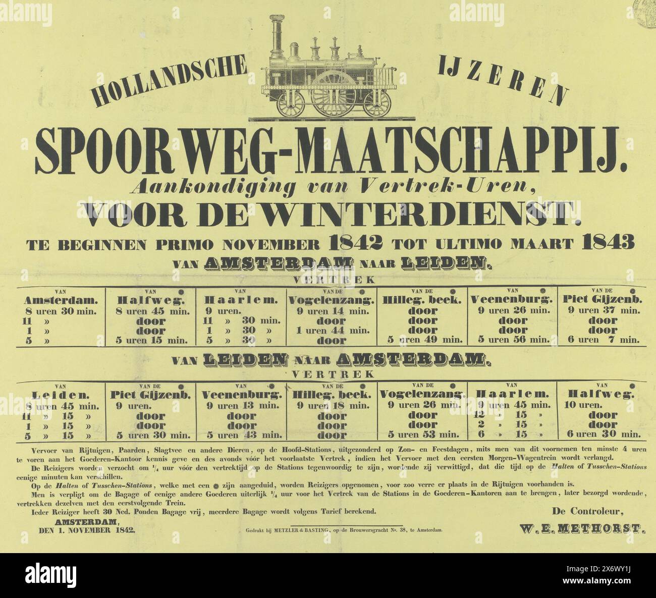 Dutch Iron Railway Company. Announcement of Departure Hours, for the ...