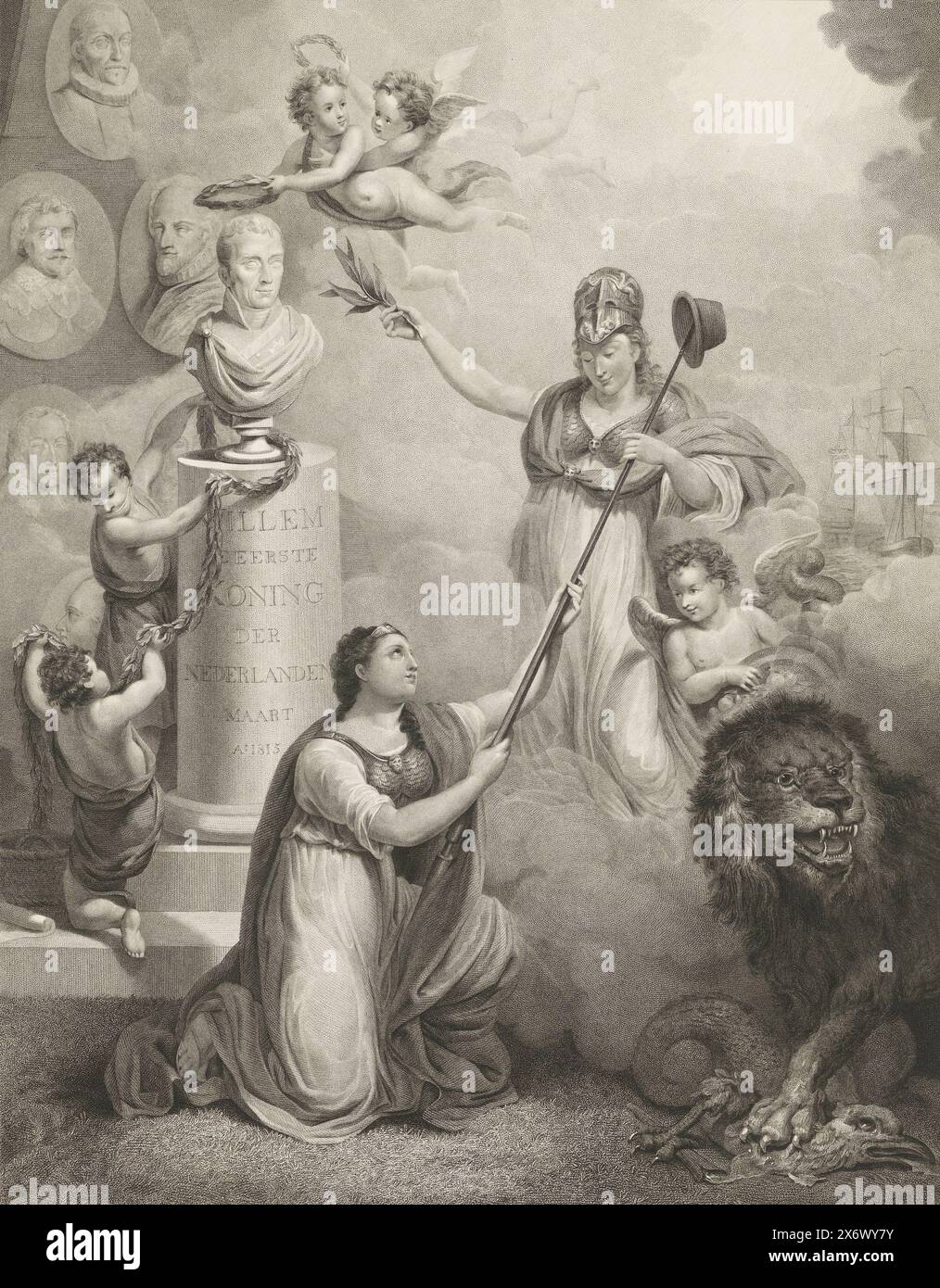 Tribute to King William I, 1815, Allegorical scene in which the ...