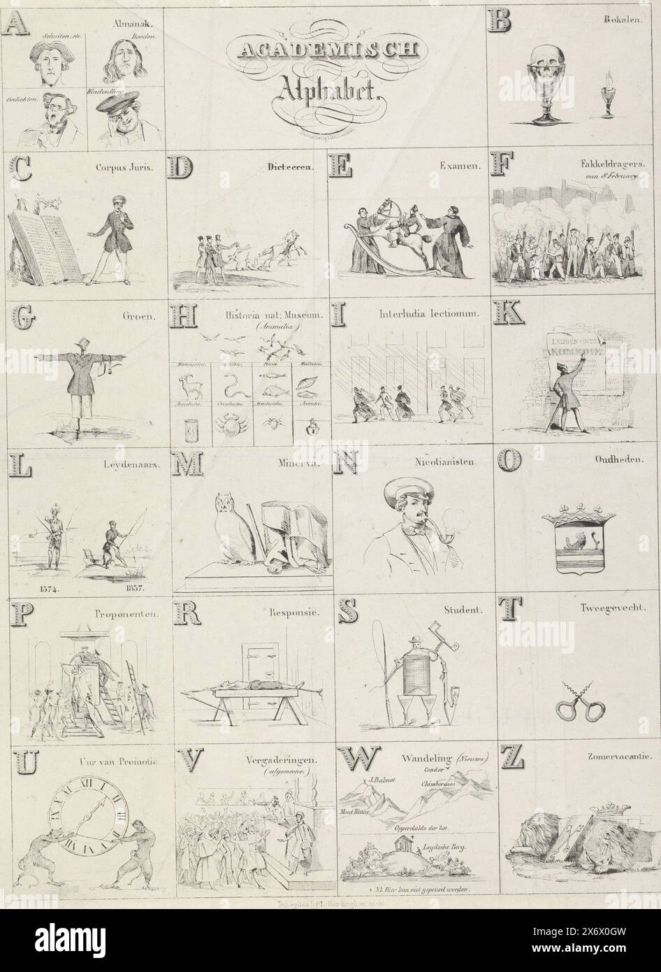 Cartoon from the Leiden student almanac, 1838, Academic Alphabet (title ...