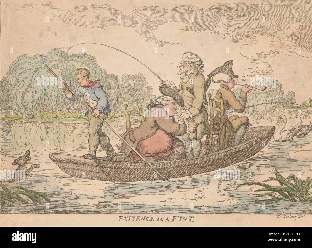 Fishermen in a boat, Patience in a punt (title on object), Cartoon with ...