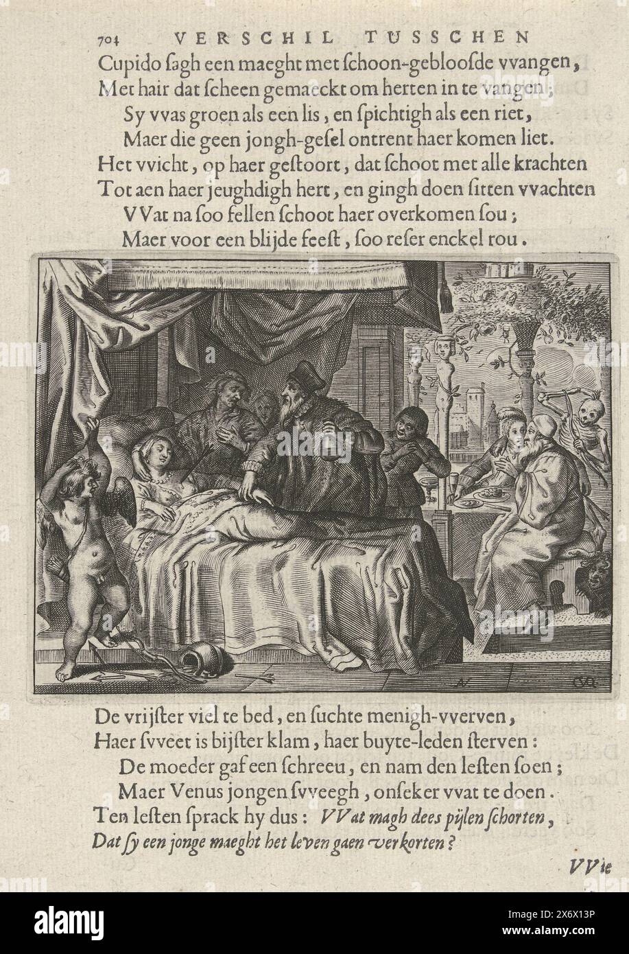 Cupid and a dying virgin, Cupid has shot an arrow into the heart of a ...