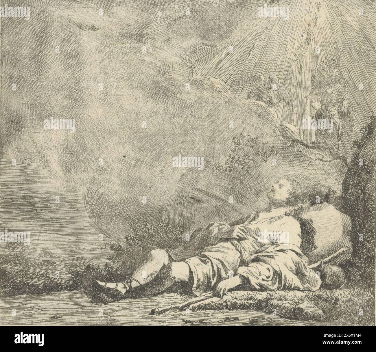 Jacob's ladder, In a landscape Jacob is sleeping with his head resting ...