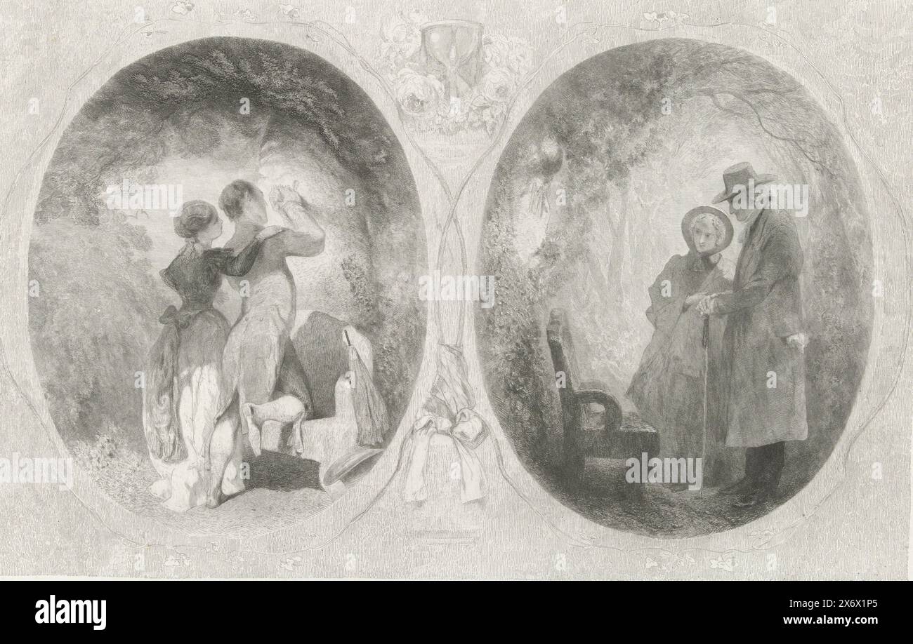 Two ovals with a young and old couple, Two images in medallions ...