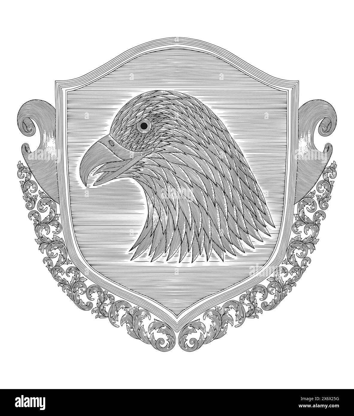 Eagle head with shield and floral ornament, Vintage engraving drawing ...