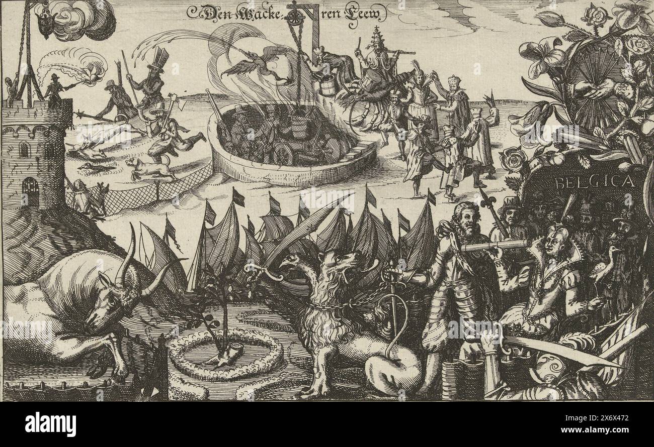 The awake lion, 1615, Den Wackeren Leew (title on object), Allegory on ...