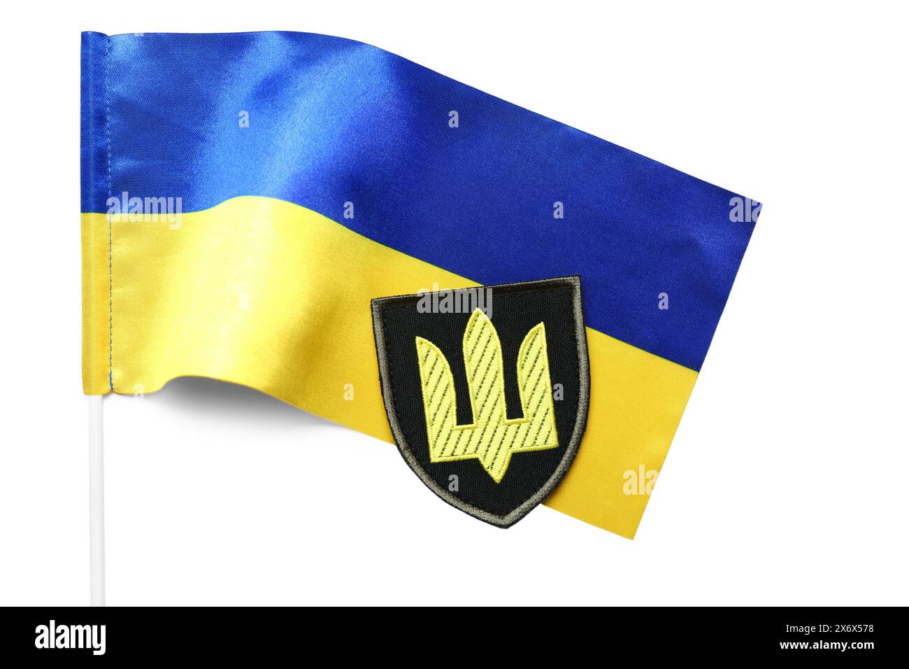 Military badge with trident and flag of Ukraine isolated on white ...