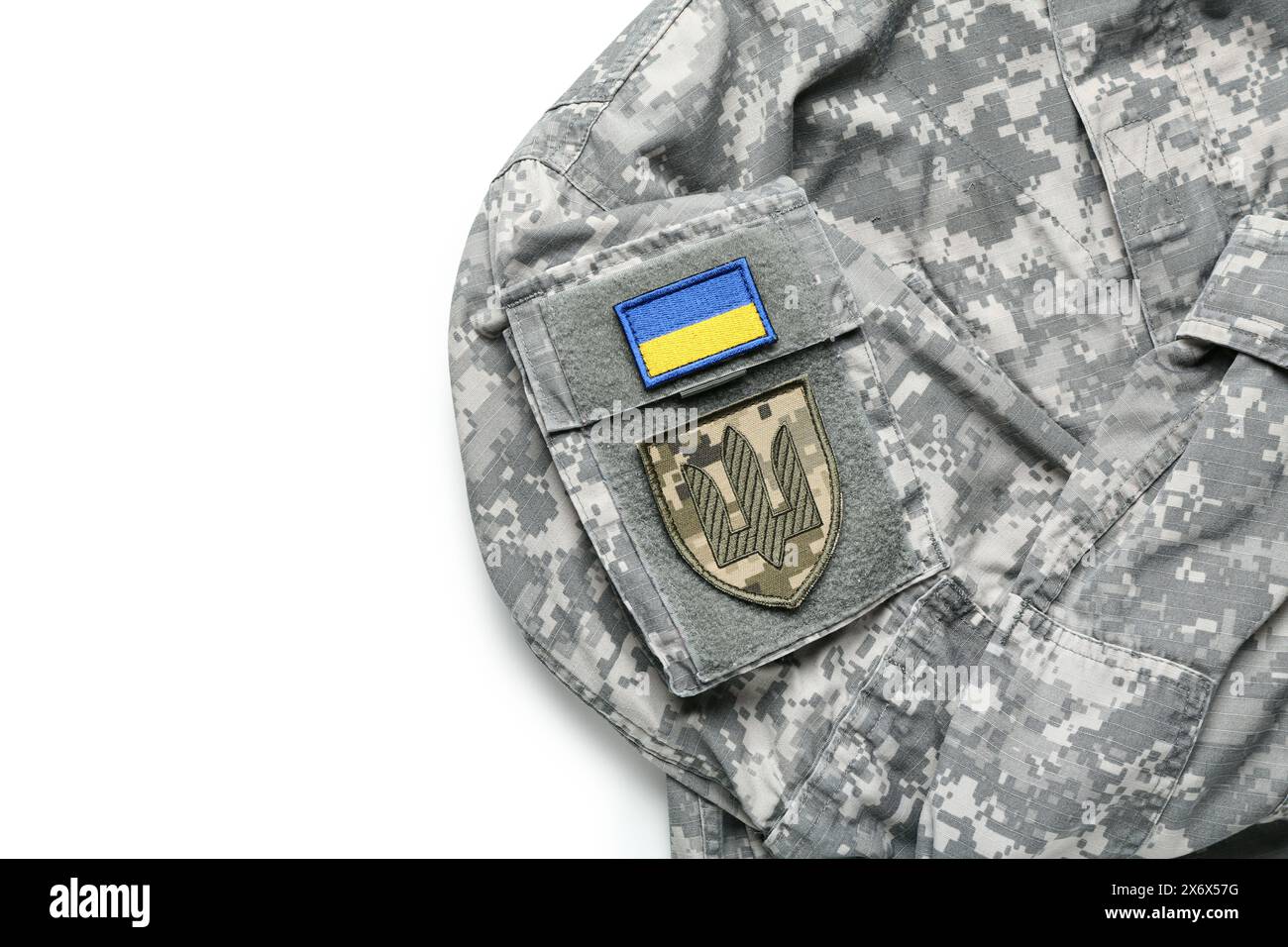 Military uniform with Ukrainian army badges isolated on white ...