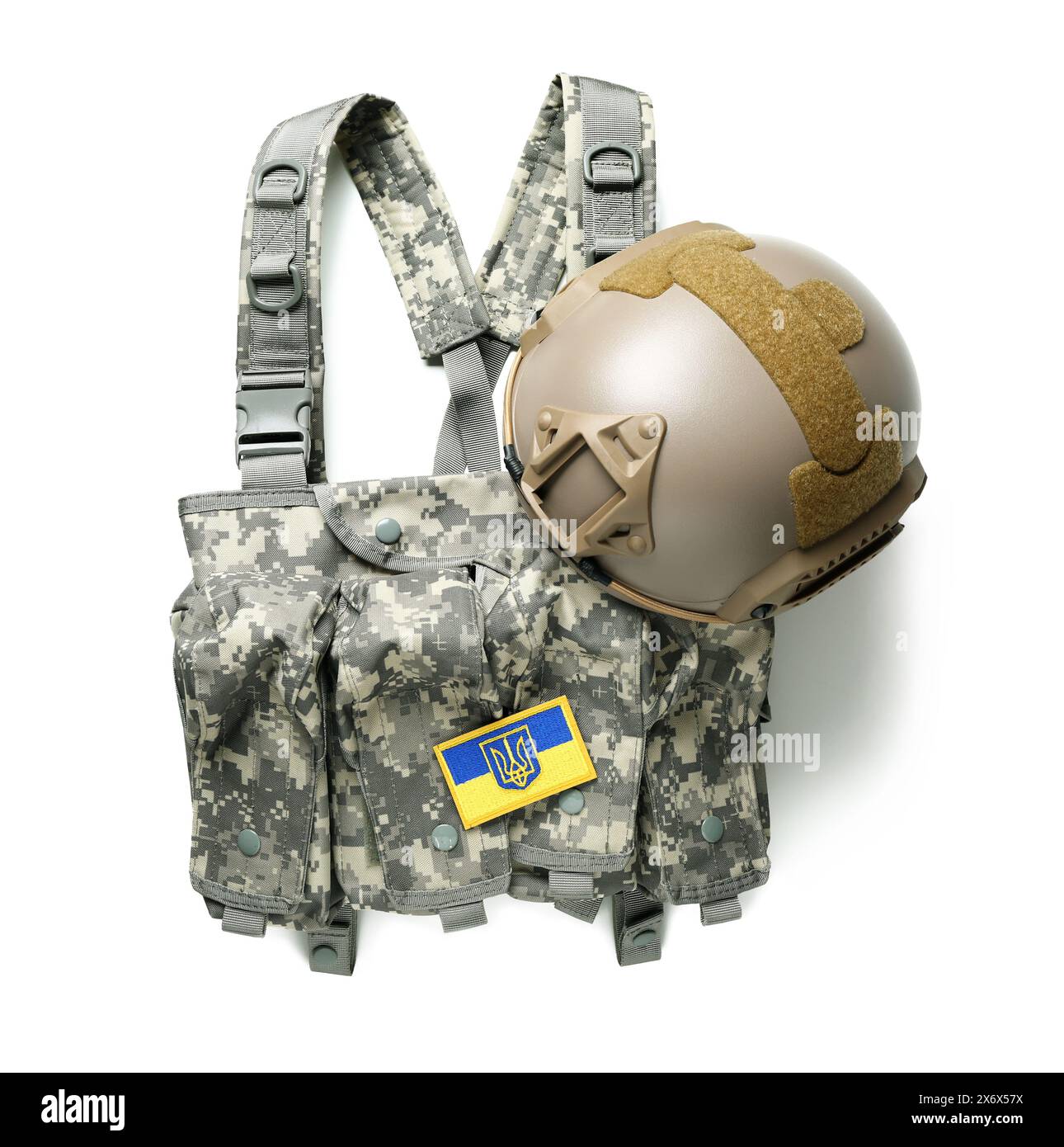 Tactical helmet and military unloading vest with badge of Ukrainian ...