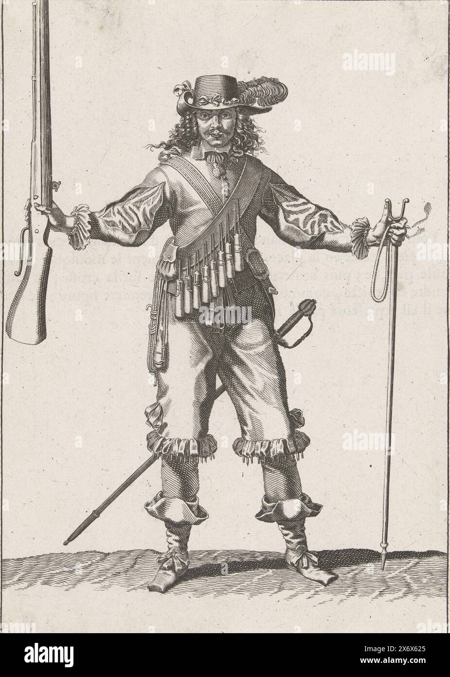 Soldier with outstretched arms holding his musket in his right hand and ...