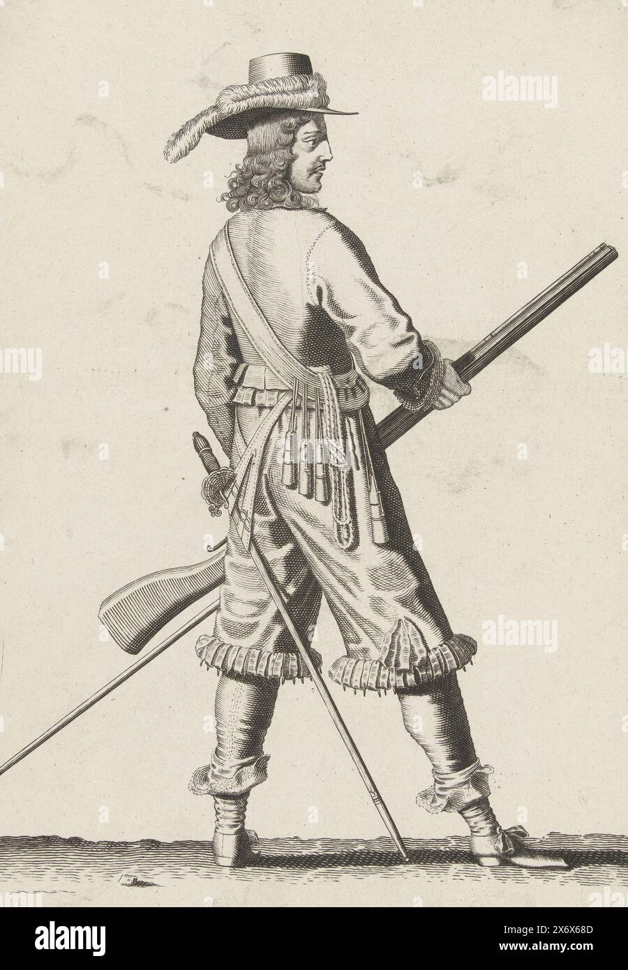 Soldier holding his musket with both hands by his left thigh, ca. 1645 ...