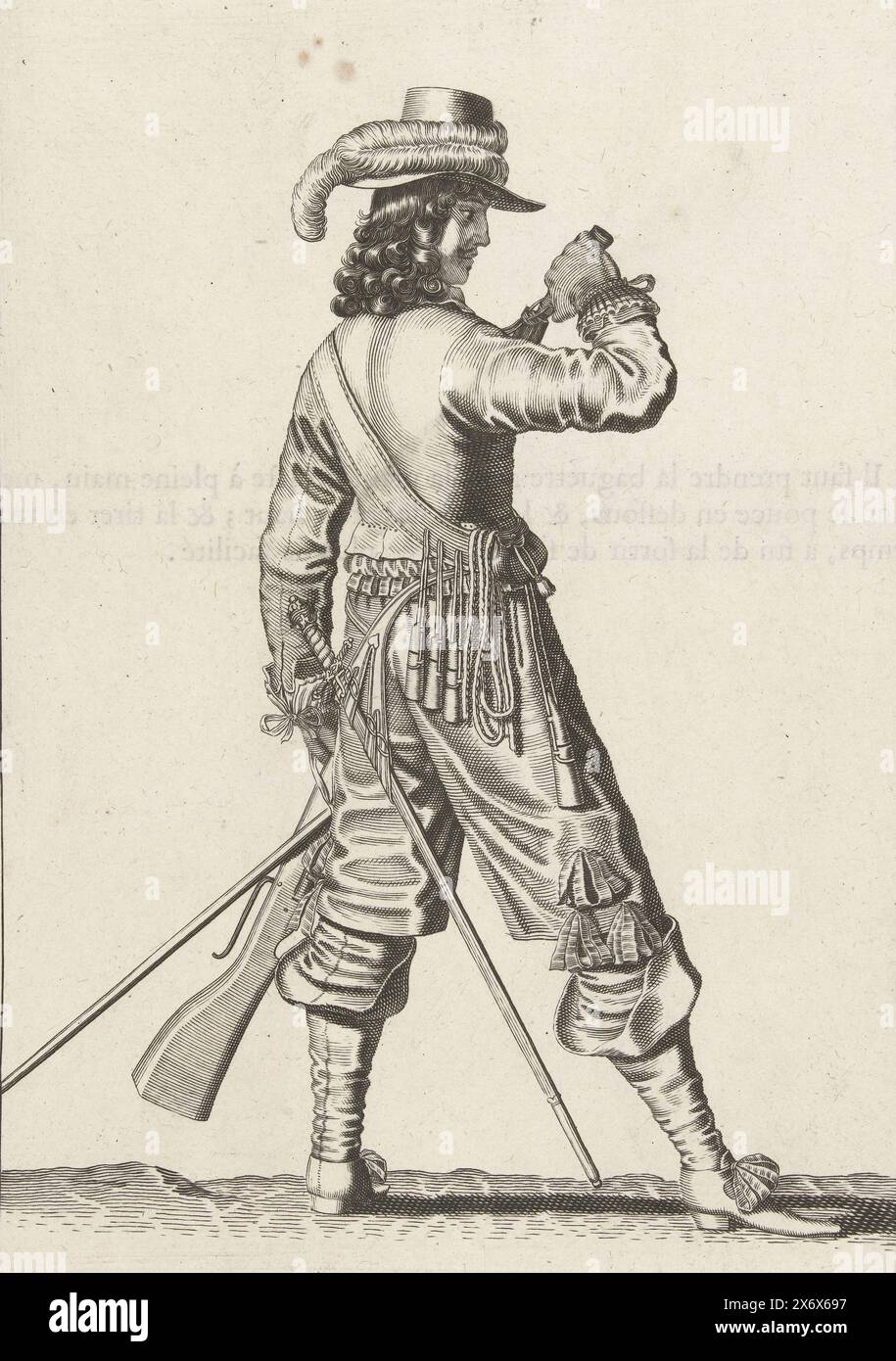 Soldier pouring powder into the barrel of his musket, ca. 1645, A ...