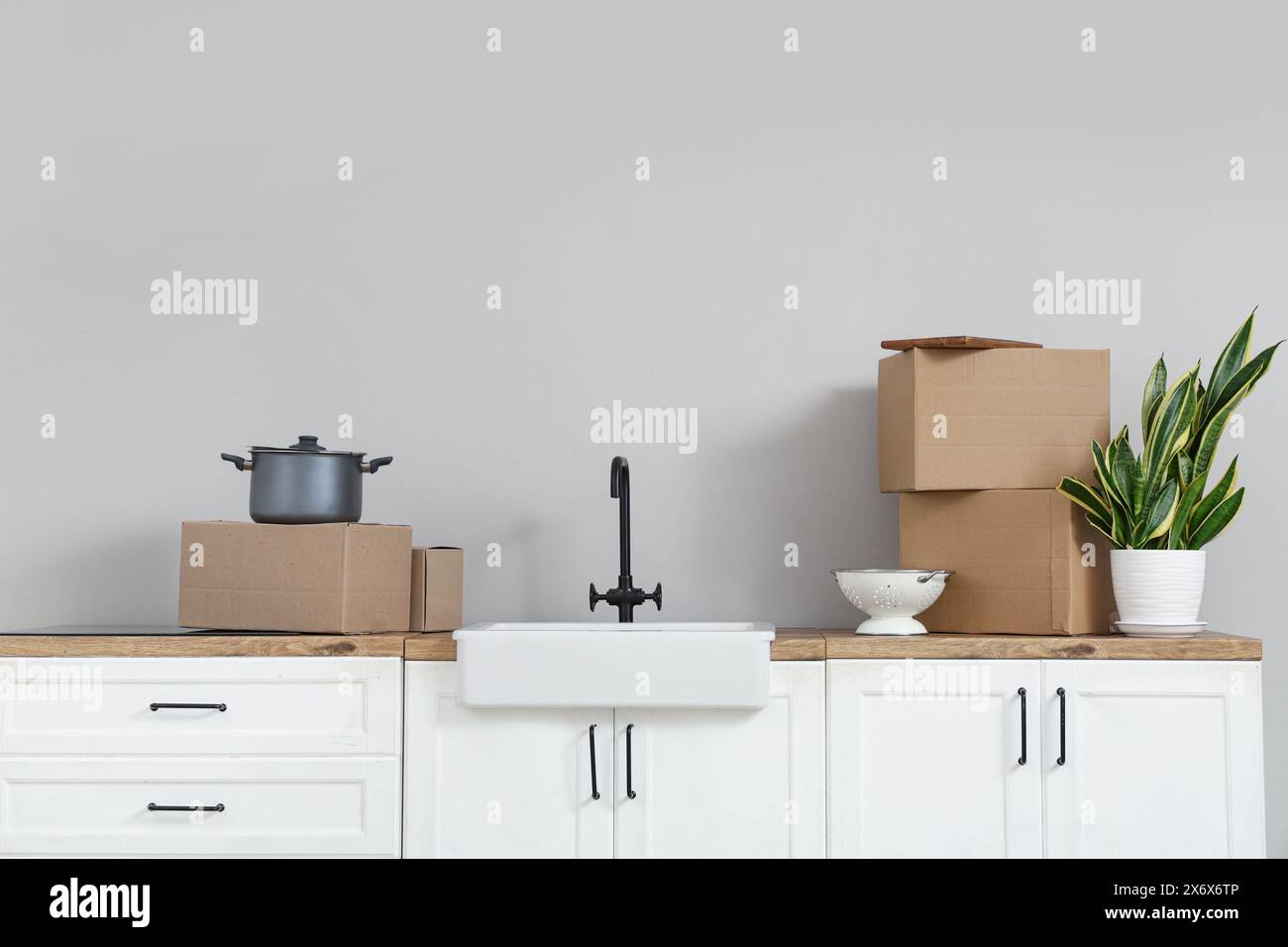 Kitchen counters with sink, houseplant and cardboard boxes near white ...
