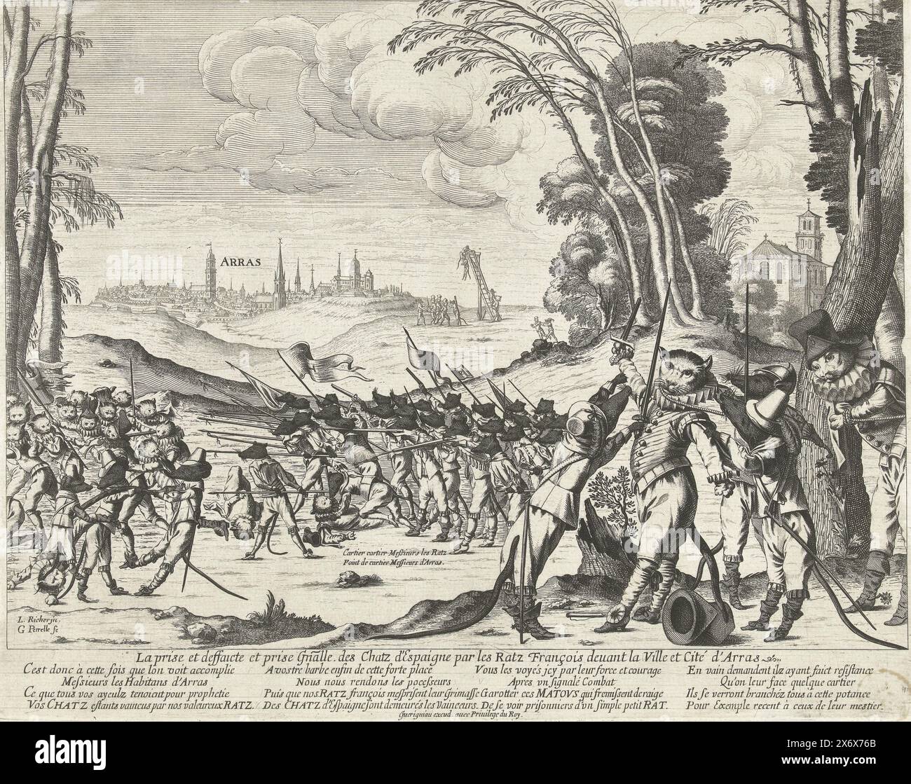 Cartoon on the conquest of Arras, 1640, La prize et deffaicte et prize ...