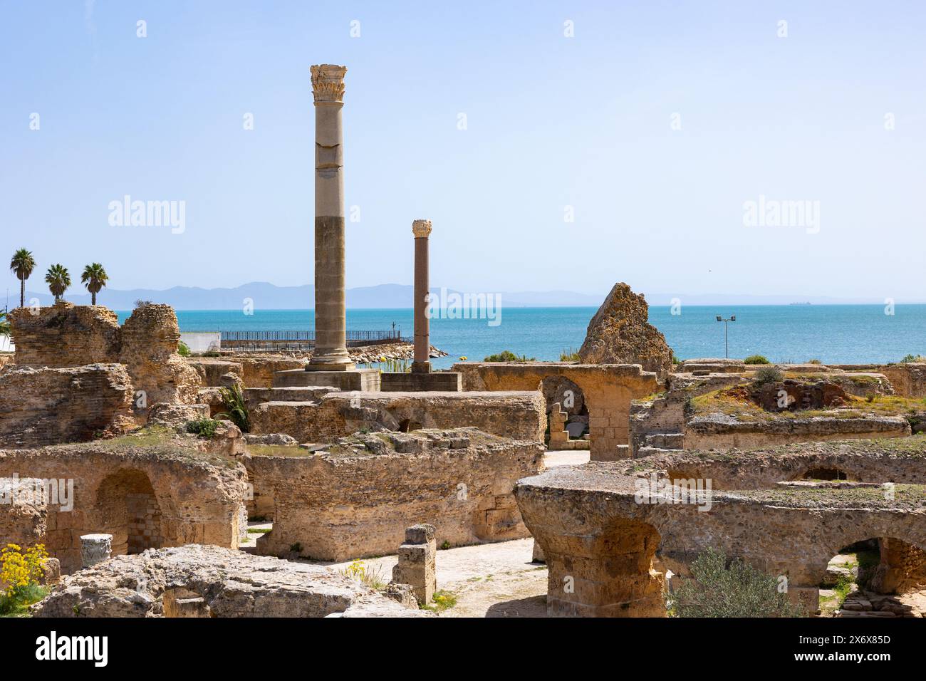 Roman Baths of Antoninus ruins in Carthage on seashore, Tunisia Stock ...