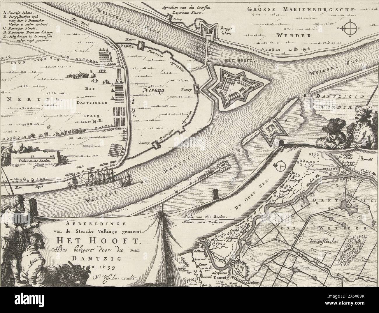 Siege of the Fortress 'Het Hooft' near Gdansk, 1659, Map showing the ...