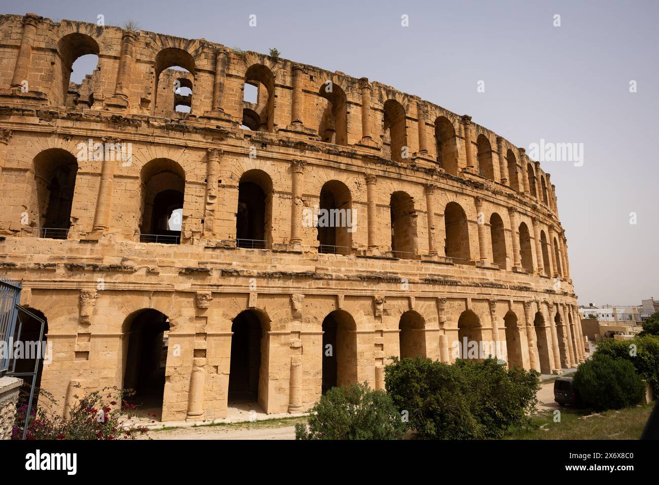 Ancient El Jem Amphitheatre under clear blue Tunisian sky Stock Photo ...