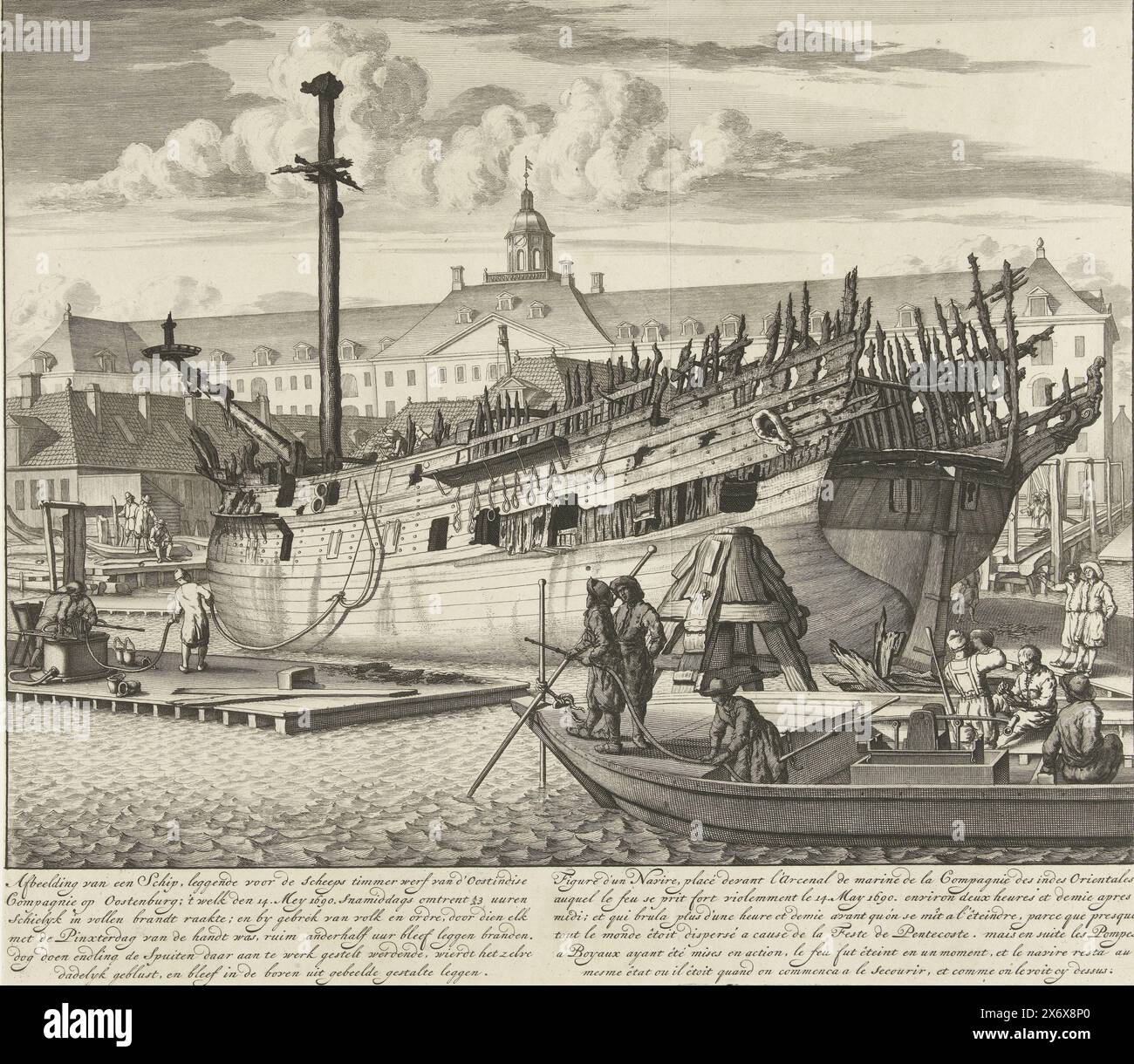 Partly burned ship at the VOC shipyard at Oostenburg, 1690, Image of a ...