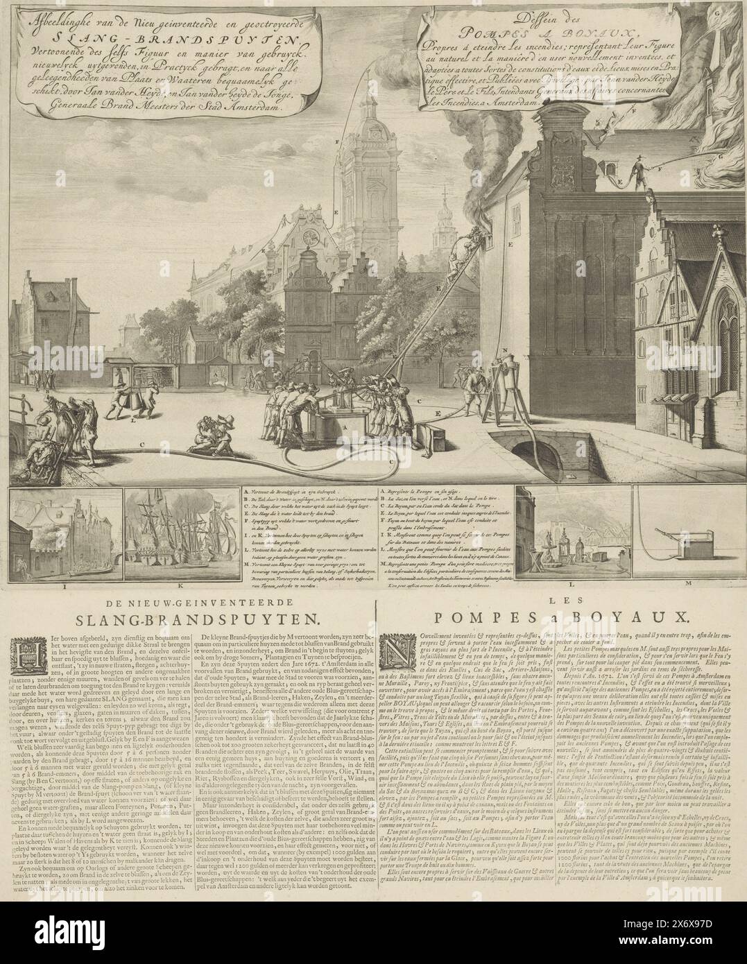 Application of the new fire hoses, 1677, Illustration of the newly ...