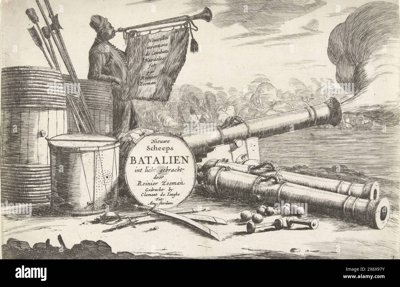 Title print with the equipment of a warship and a trumpet player near a ...