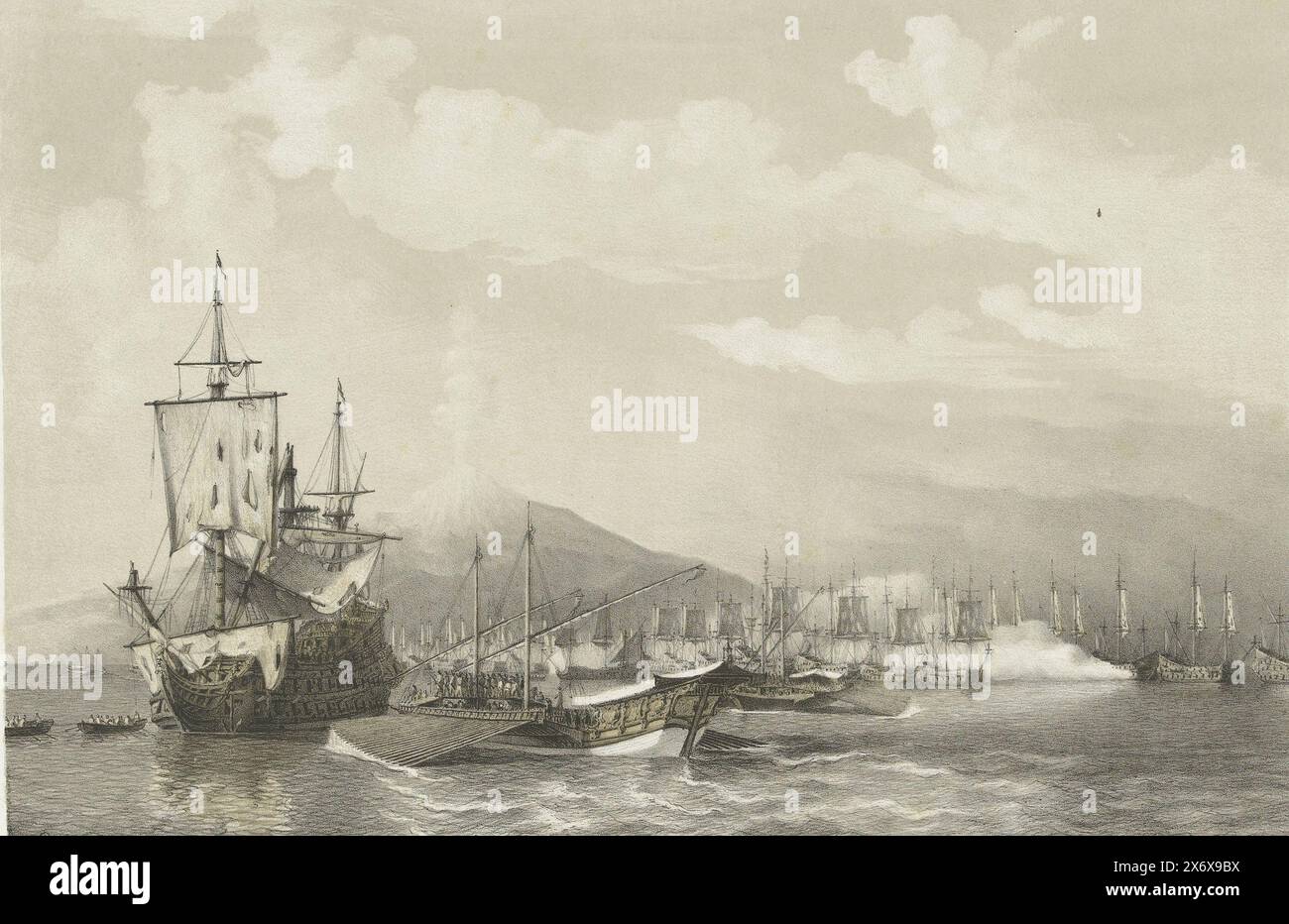 Naval battle at Agosta, 1676, Naval battle at Mount Etna, between a ...