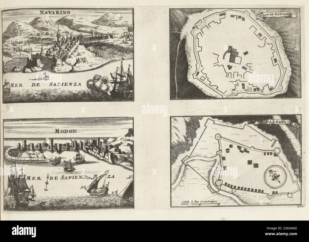 Plans and views of Pílos, Zarnata, Modon and Passava, 1726, Navarino ...