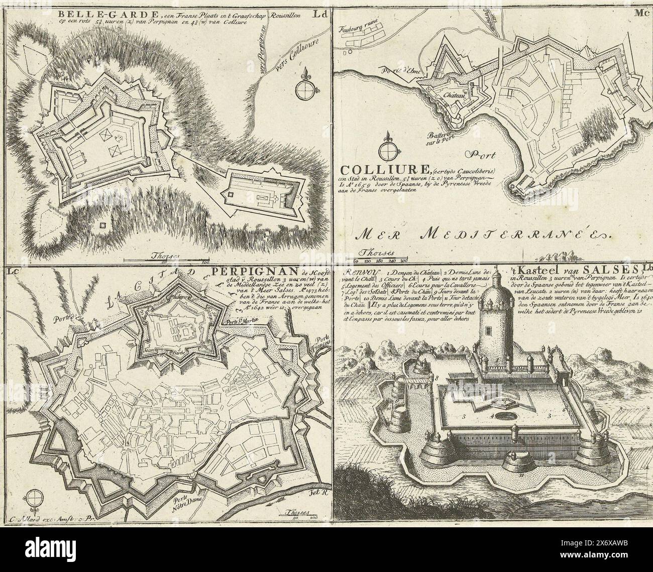 Four maps of towns in Rousillon, ca. 1701-1713, Belle-Garde, Colliure ...