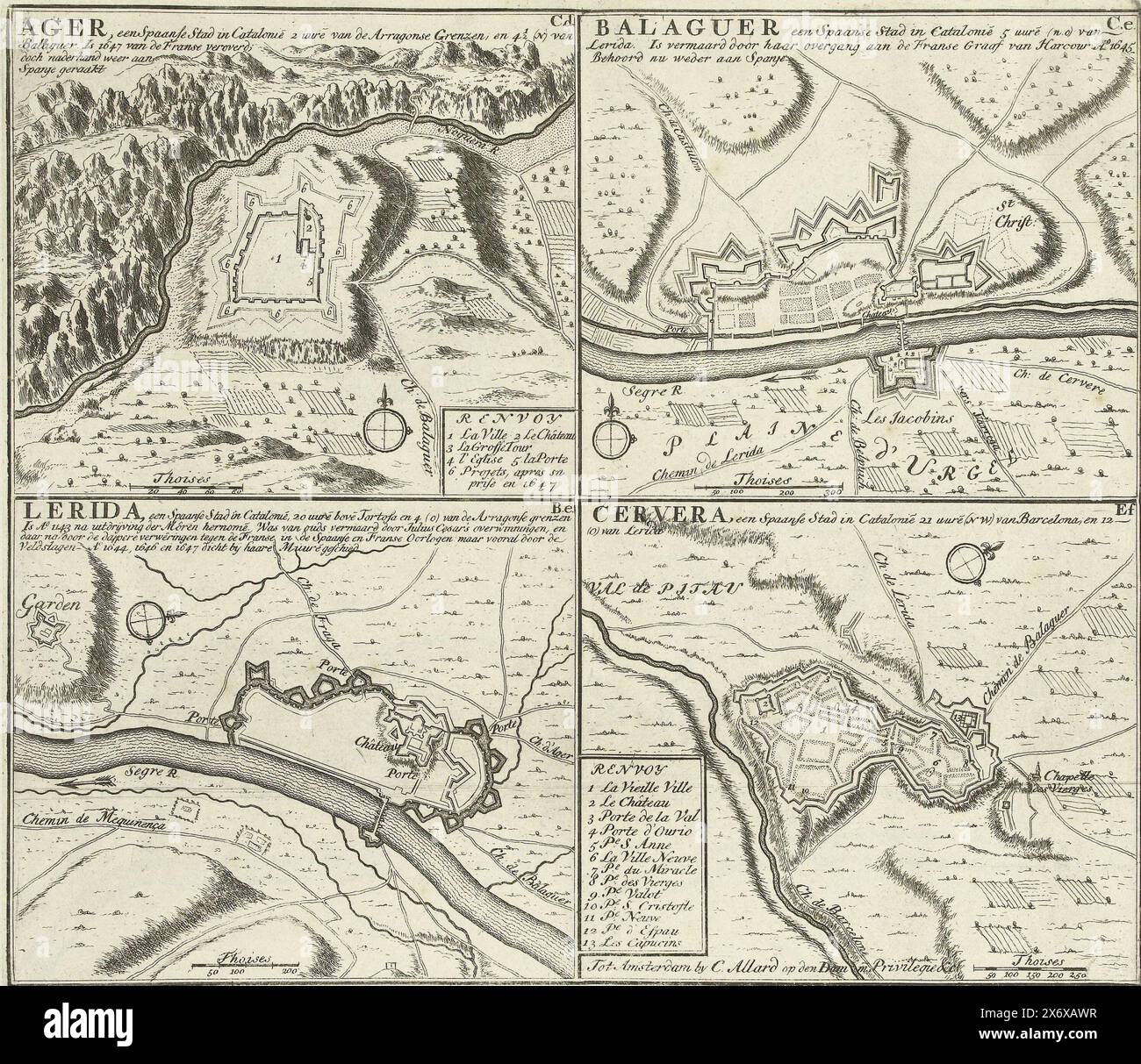 Four maps of cities in Catalonia, ca. 1701-1713, Ager, Balaguer, Lerida ...
