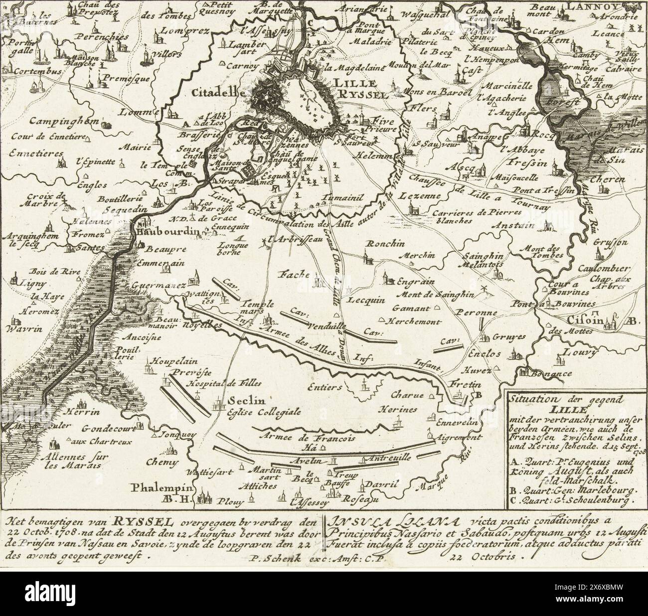 Map of the siege of Lille, 1708, Seizing Ryssel, transferred by treaty ...