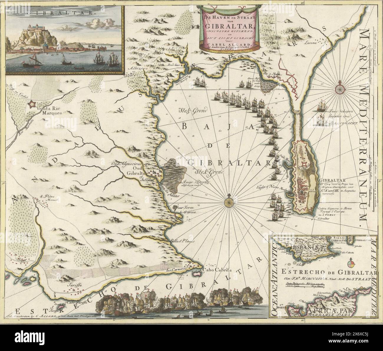 Map of Gibraltar, 1704, The Harbor and Strait of Gibraltar (title on ...