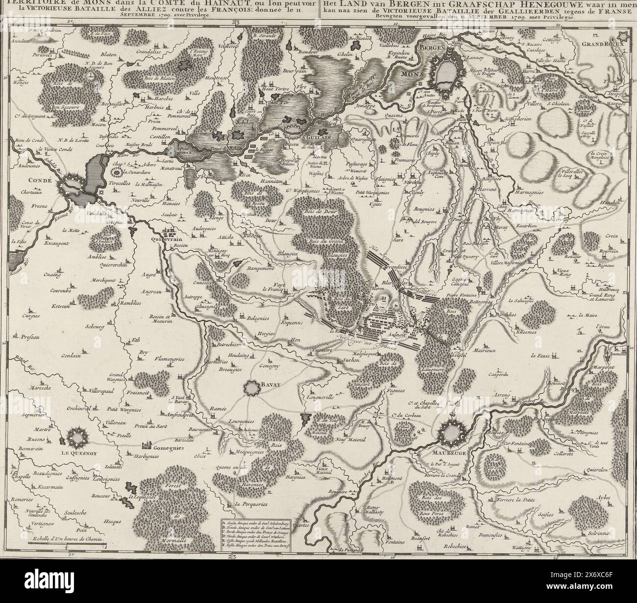 Map showing the battle of Malplaquet, 1709, Territoire de Mons dans la ...