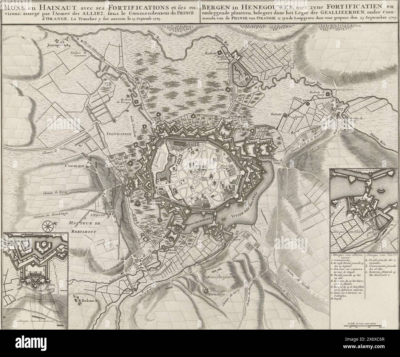Siege of Mons, 1709, Mons and Hainaut, with fortifications and ...
