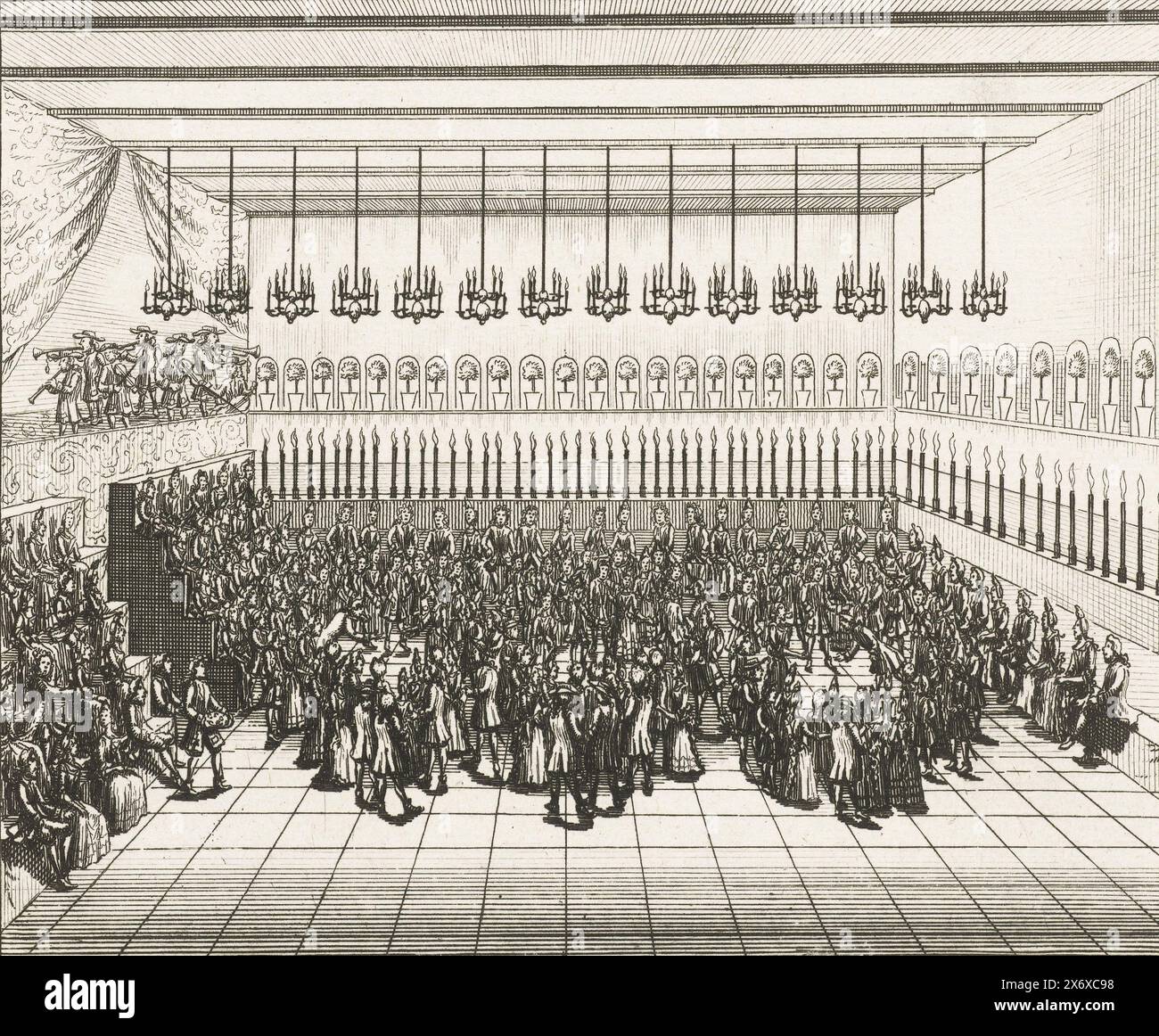 Ball, 1714, A ball in a room decorated with candles and potted plants ...