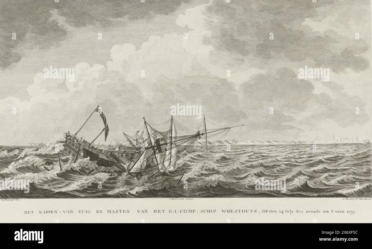Cutting the masts of the ship Woestduin, 1779, Cutting the rigging and ...