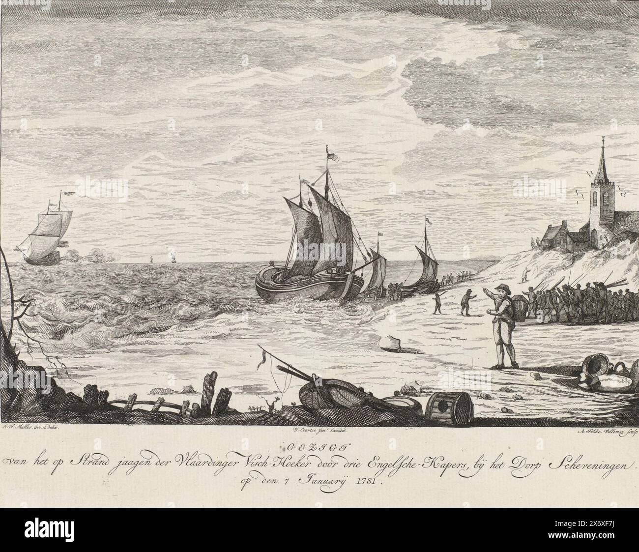 Vlaardinger hoeker chased onto the beach by the English, 1781, View of ...