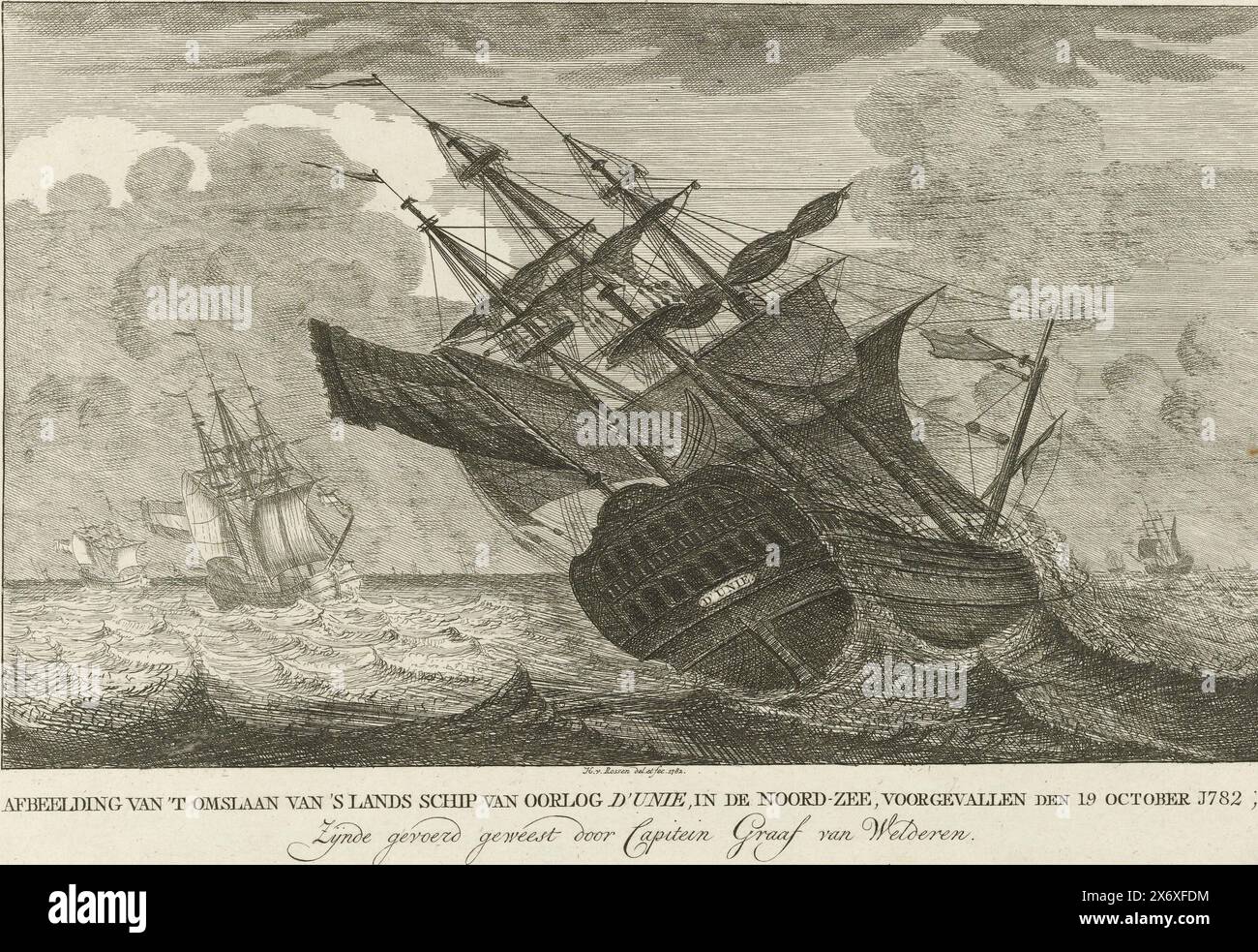 Sinking of the ship De Unie, 1782, Image of the capsizing of the ...
