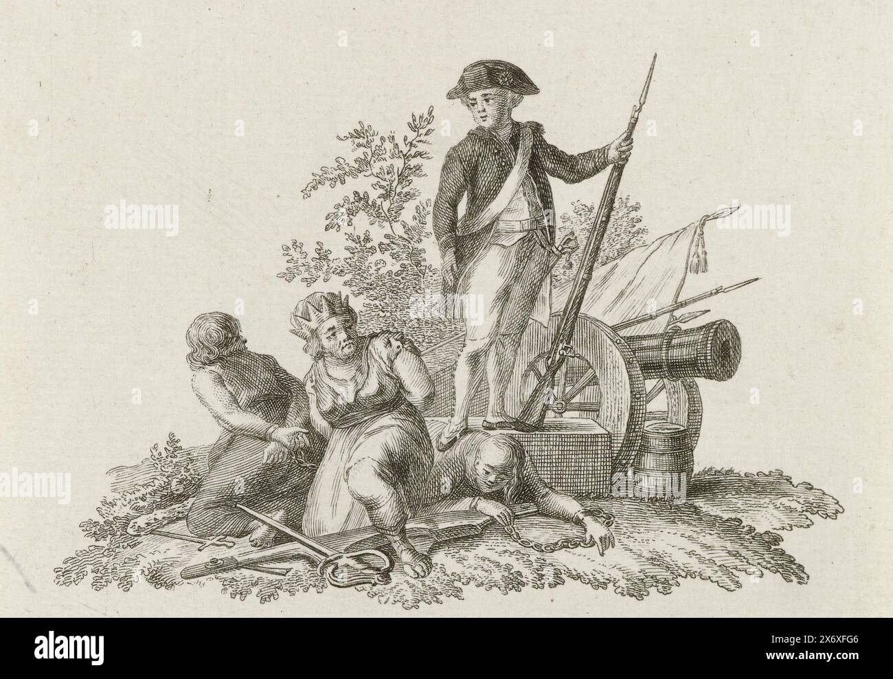 Vignette of a rifleman trampling on Violence, Allegorical vignette of a ...