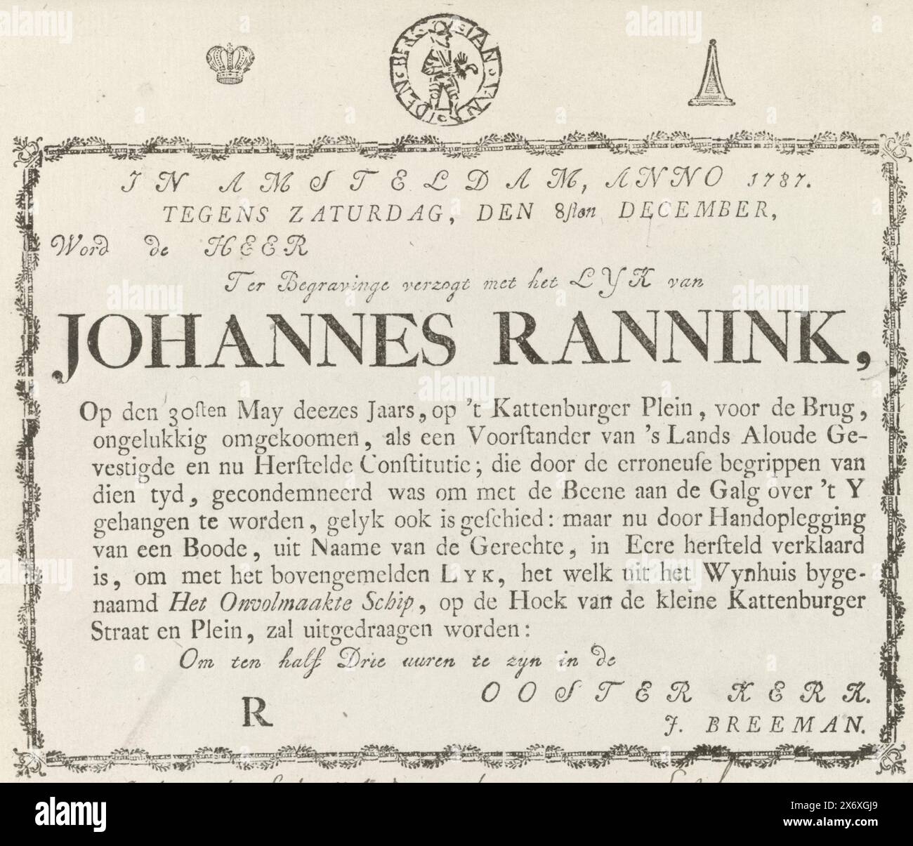 Funeral note for the funeral of Johannes Rannink, 1747, In Amsteldam ...