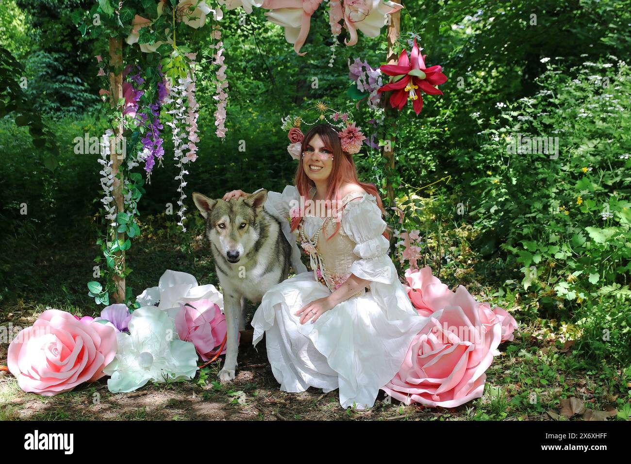 A young laughing woman dressed as a fairy with a wolfhound Stock Photo ...