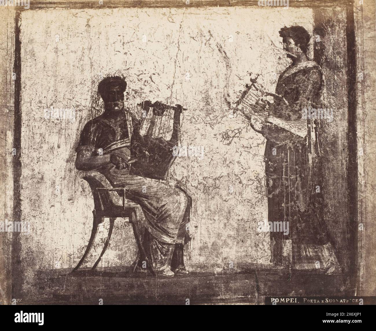 Photo reproduction of a fresco depicting two people playing a lyre ...