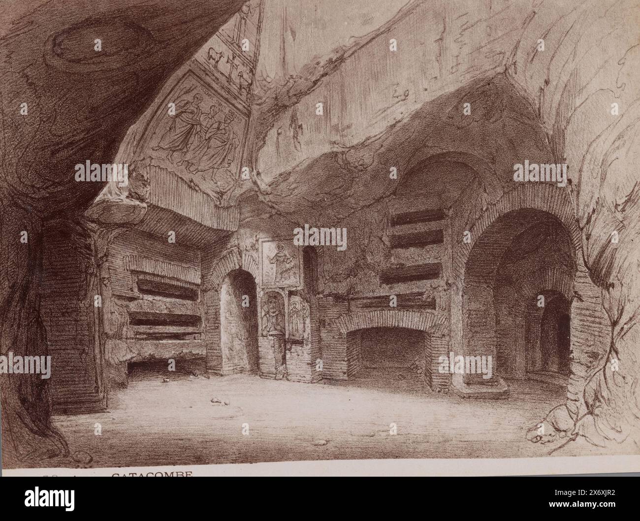 Photo reproduction of a drawing of the Catacombs of Rome, Catacomb ...
