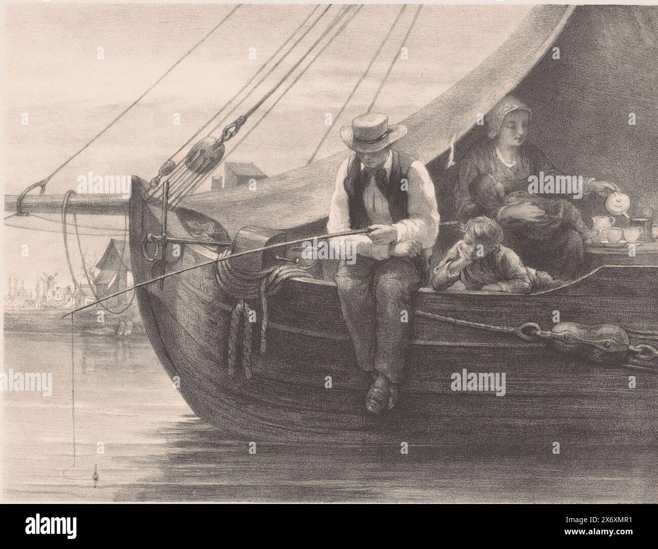 Fishing family on board a ship, The man sits with his legs over the ...